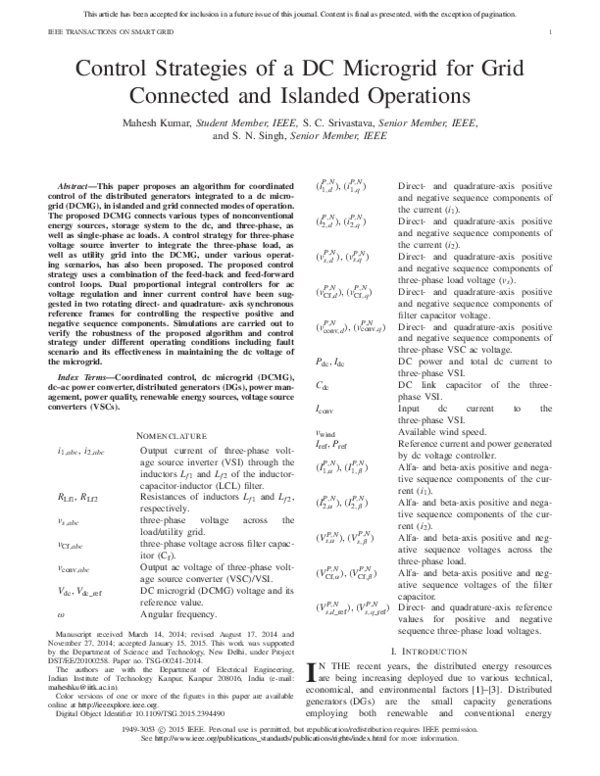 (PDF) Control Strategies of a DC Microgrid for Grid Connected and Islanded Operations