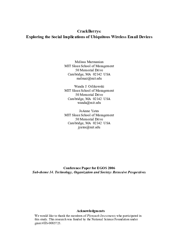 (PDF) CrackBerries: The Social Implications of Ubiquitous Wireless E ...