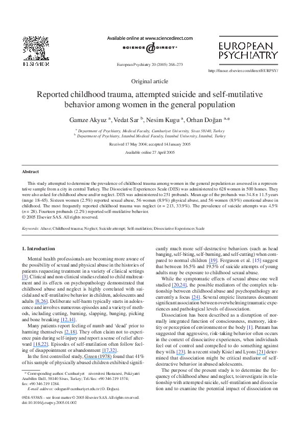 (PDF) Reported childhood trauma, attempted suicide and self-mutilative ...