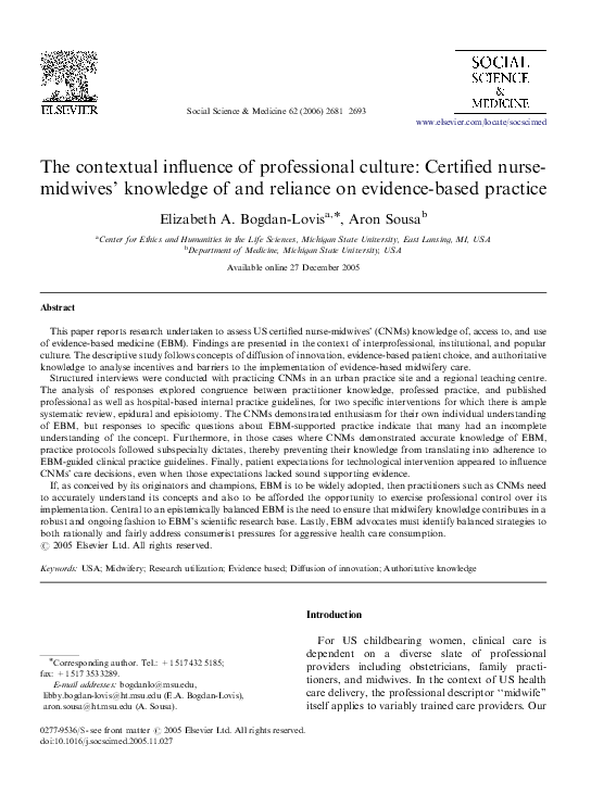 Pdf The Contextual Influence Of Professional Culture Certified Nurse Midwives Knowledge Of