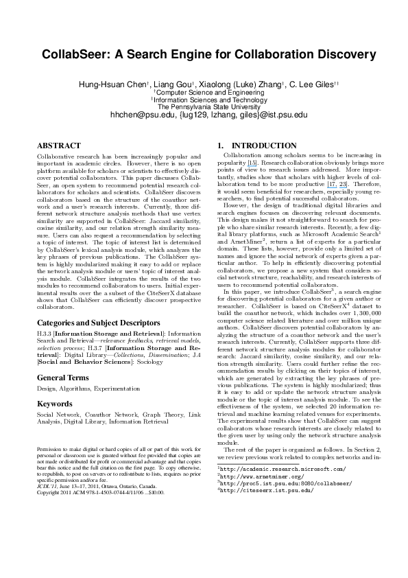 (PDF) CollabSeer: a search engine for collaboration discovery
