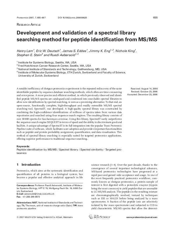 Pdf Development And Validation Of A Spectral Library Searching Method For Peptide