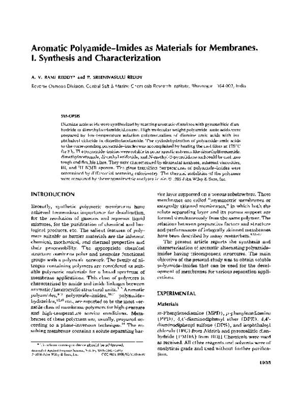 Pdf Aromatic Polyamide Imides As Materials For Membranes I