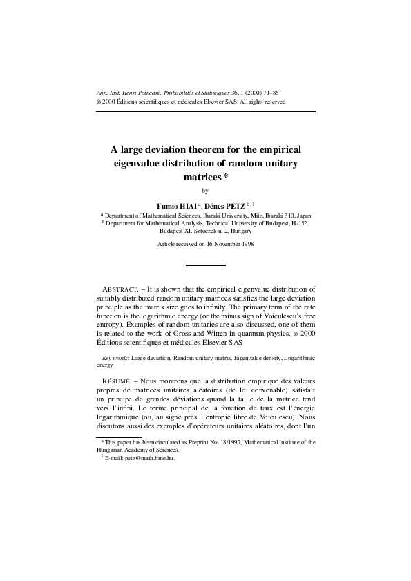 Pdf A Large Deviation Theorem For The Empirical Eigenvalue Distribution Of Random Unitary