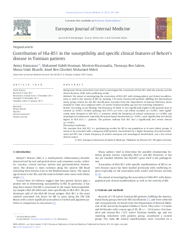 (PDF) Contribution of Hla-B51 in the susceptibility and specific ...