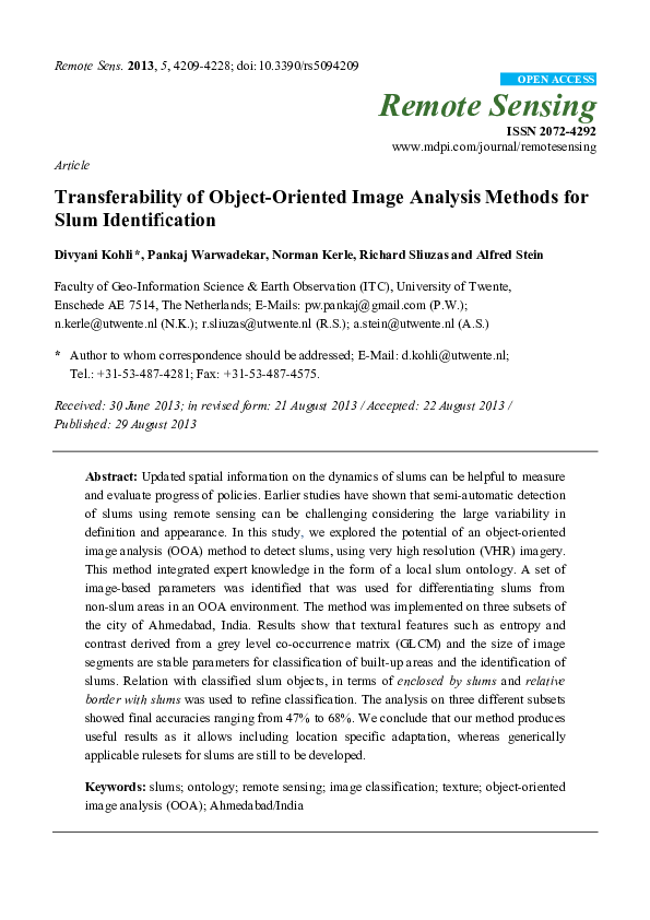 (PDF) Transferability of Object-Oriented Image Analysis Methods for Slum Identification