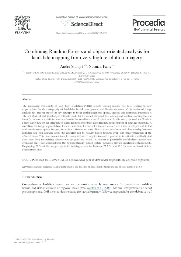 Pdf Combining Random Forests And Object Oriented Analysis For Landslide Mapping From Very High