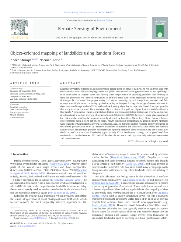Pdf Object Oriented Mapping Of Landslides Using Random Forests
