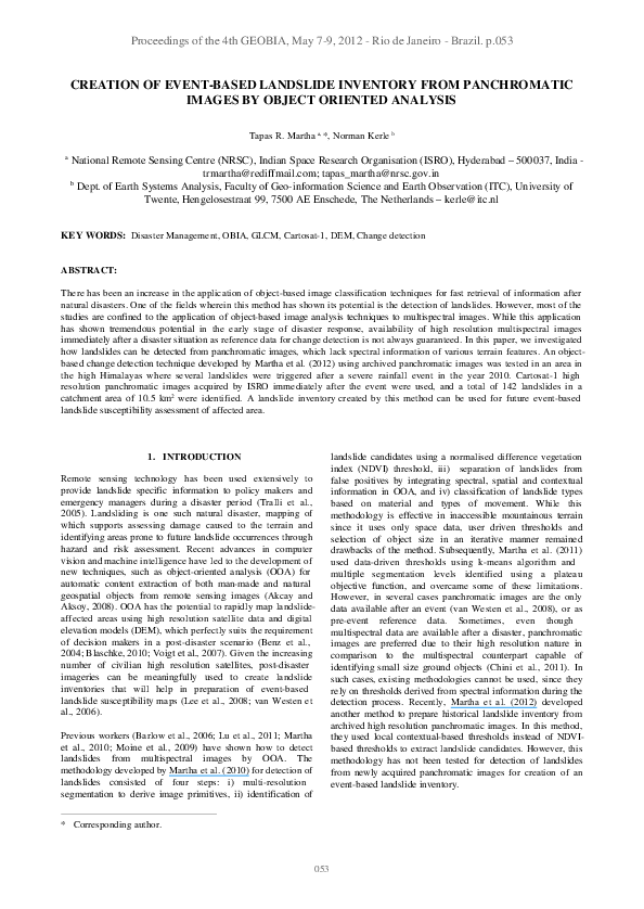 (PDF) Creation of Event-Based Landslide Inventory from Panchromatic Images by Object Oriented ...