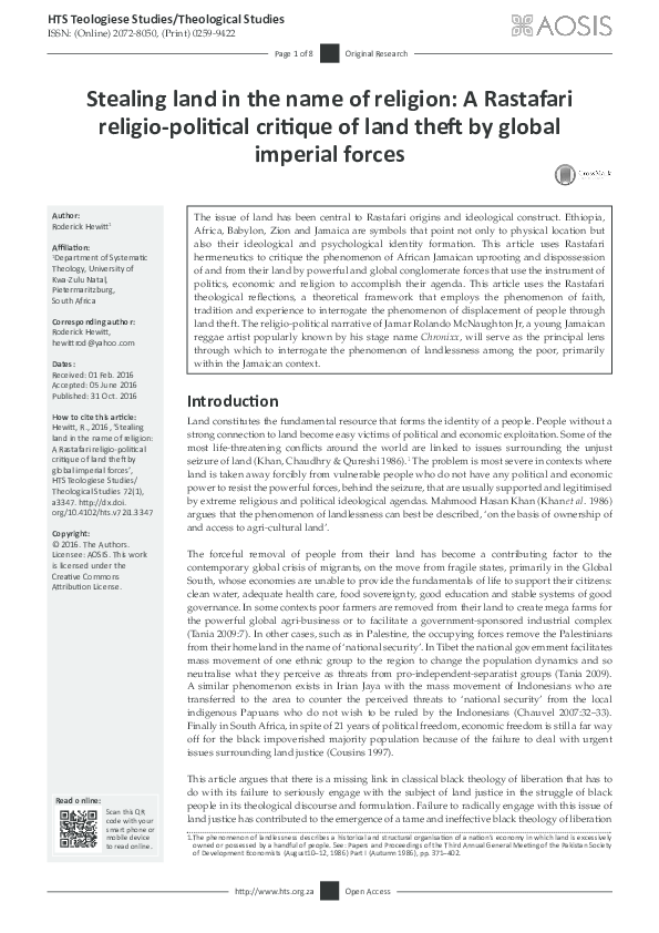(PDF) Stealing land in the name of Religion: : A Rastafari religio ...