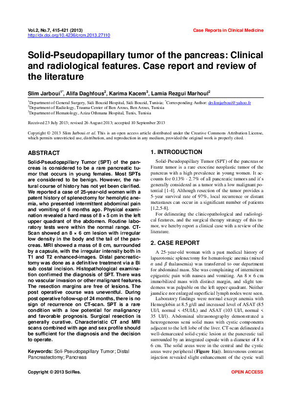(PDF) Solid-Pseudopapillary tumor of the pancreas: Clinical and radiological features. Case ...