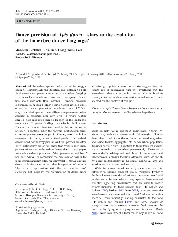 (PDF) Dance precision of Apis florea —clues to the evolution of the ...