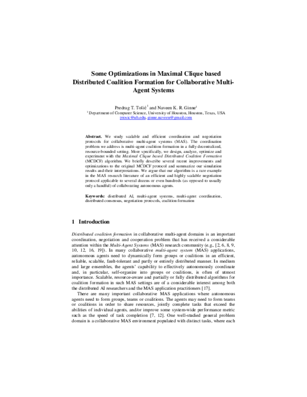 Pdf Some Optimizations In Maximal Clique Based Distributed Coalition