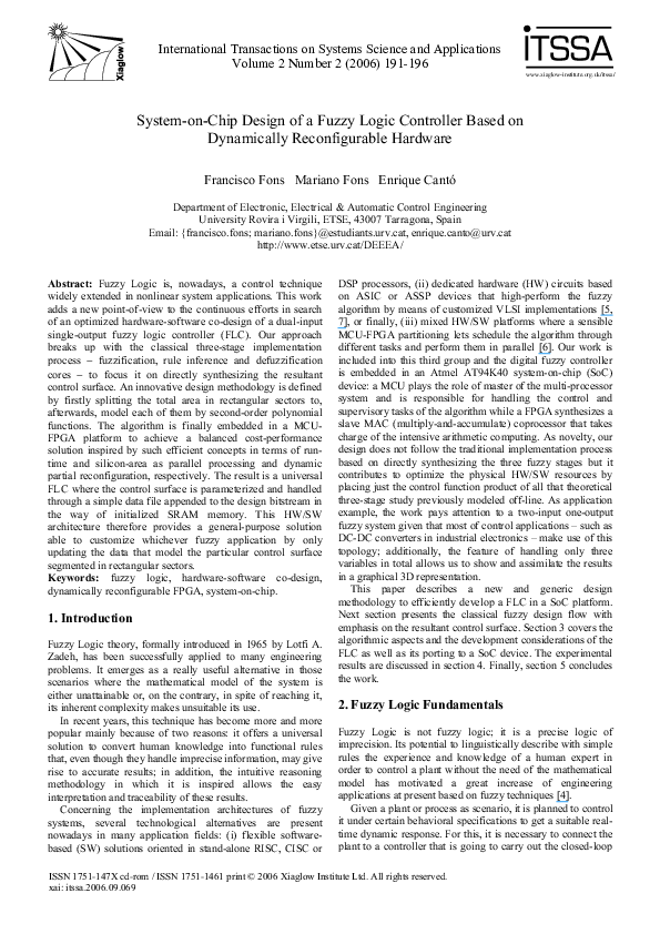 Pdf System On Chip Design Of A Fuzzy Logic Controller Based On