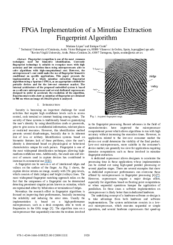 Pdf Fpga Implementation Of A Minutiae Extraction Fingerprint Algorithm Enrique Canto