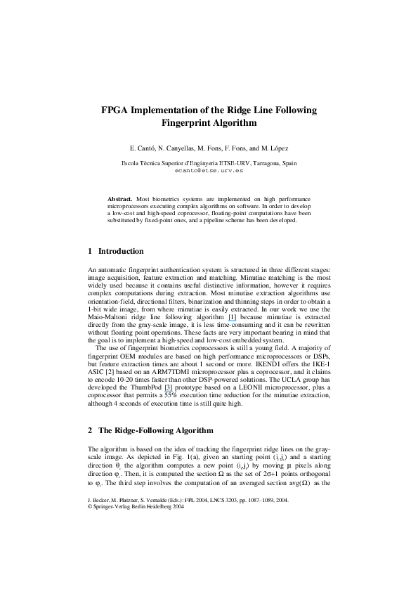 Pdf Fpga Implementation Of The Ridge Line Following Fingerprint Algorithm