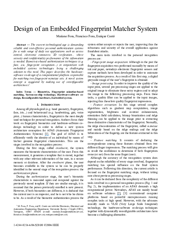 (PDF) Design of an Embedded Fingerprint Matcher System