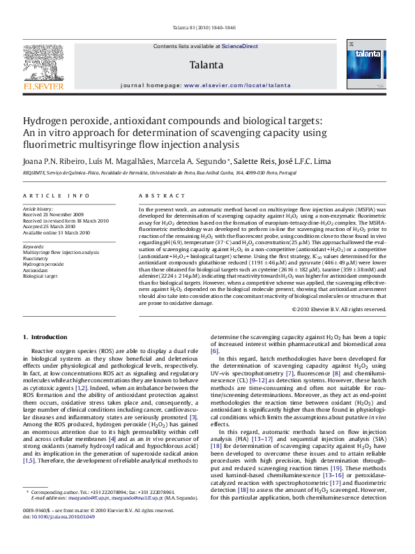 Pdf Hydrogen Peroxide Antioxidant Compounds And Biological Targets An In Vitro Approach For