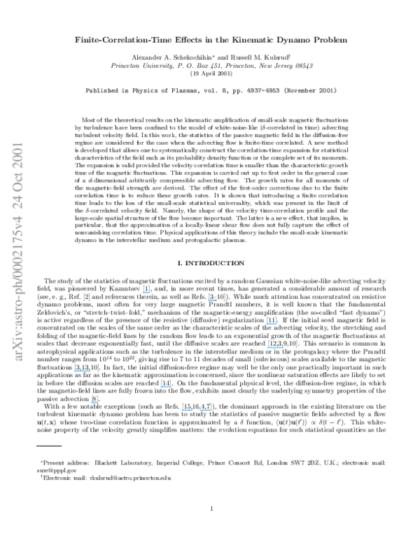 (PDF) Finite-correlation-time effects in the kinematic dynamo problem
