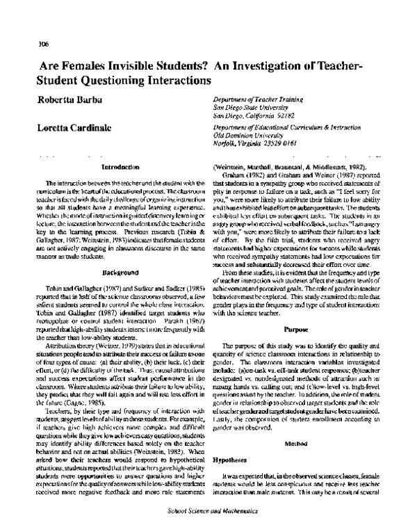 (PDF) Are Females Invisible Students? An Investigation of Teacher ...