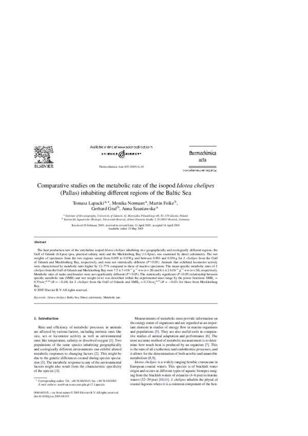 (PDF) Comparative studies on the metabolic rate of the isopod Idotea ...
