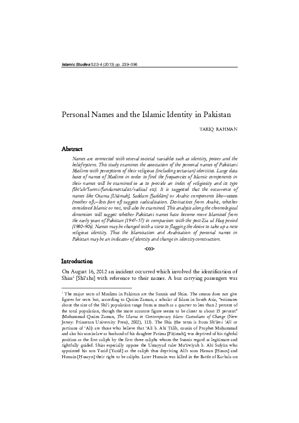 (PDF) Personal Names and the Islamic Identity in Pakistan