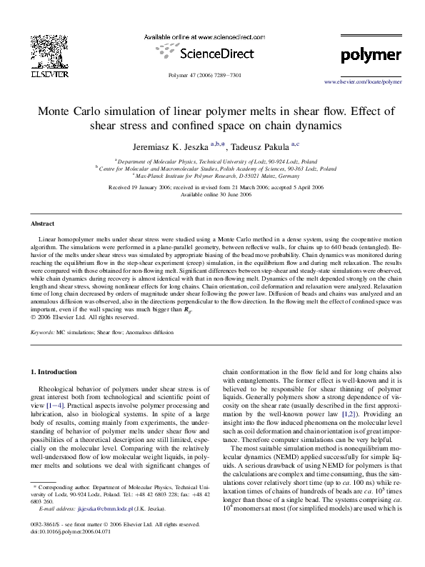(PDF) Monte Carlo simulation of linear polymer melts in shear flow. Effect of shear stress and ...