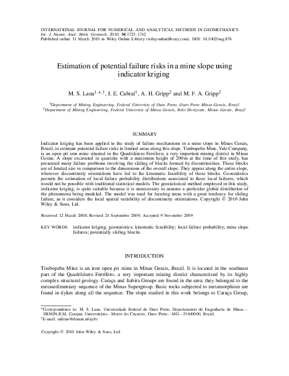 (PDF) Estimation of potential failure risks in a mine slope using indicator kriging
