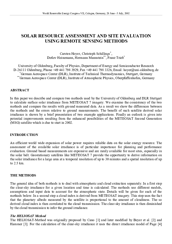 (PDF) Solar Resource Assessment and Site Evaluation Using Remote Sensing Methods