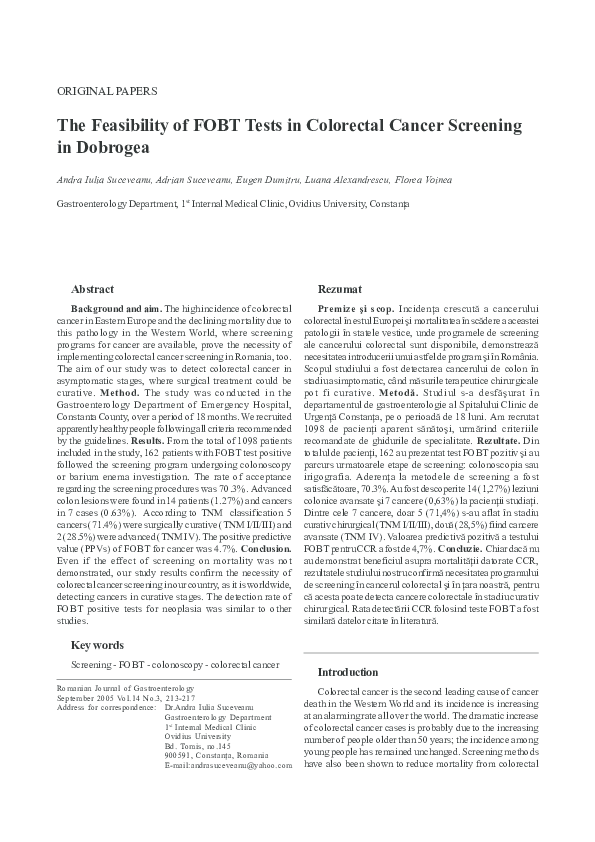 (PDF) The feasibility of FOBT tests in colorectal cancer screening in ...