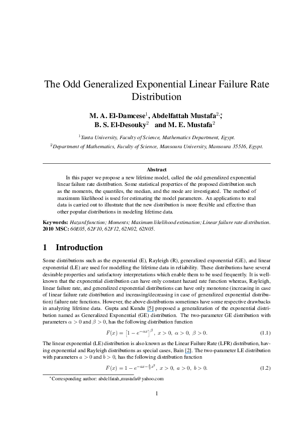 (PDF) The Odd Generalized Exponential Linear Failure Rate Distribution