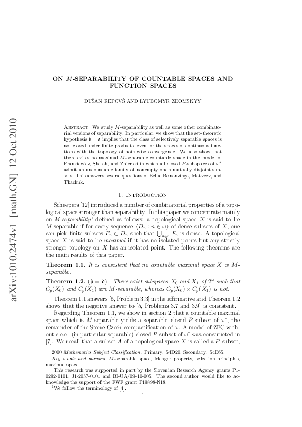 (PDF) On M-separability of countable spaces and function spaces