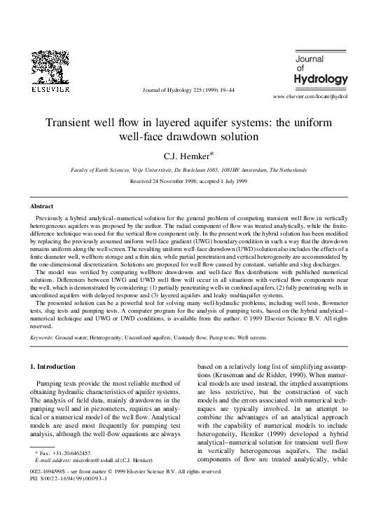 (PDF) Transient well flow in layered aquifer systems: the uniform well-face drawdown solution