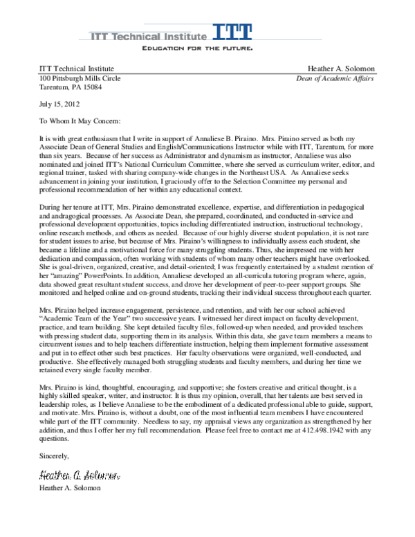 (PDF) Letter of Rec #4 Dean Solomon - ITT Technical Institute