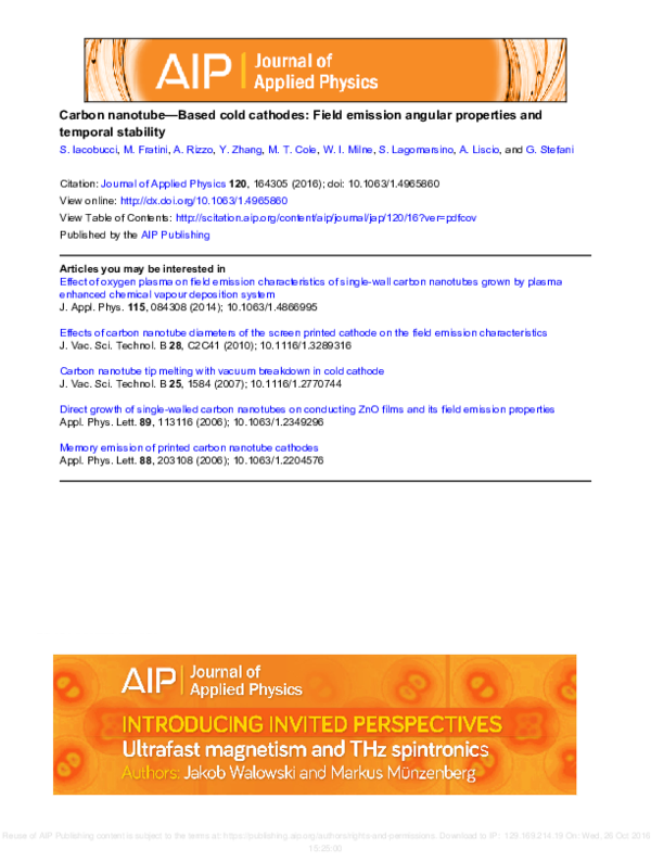 (PDF) Carbon nanotube—Based cold cathodes: Field emission angular properties and temporal ...