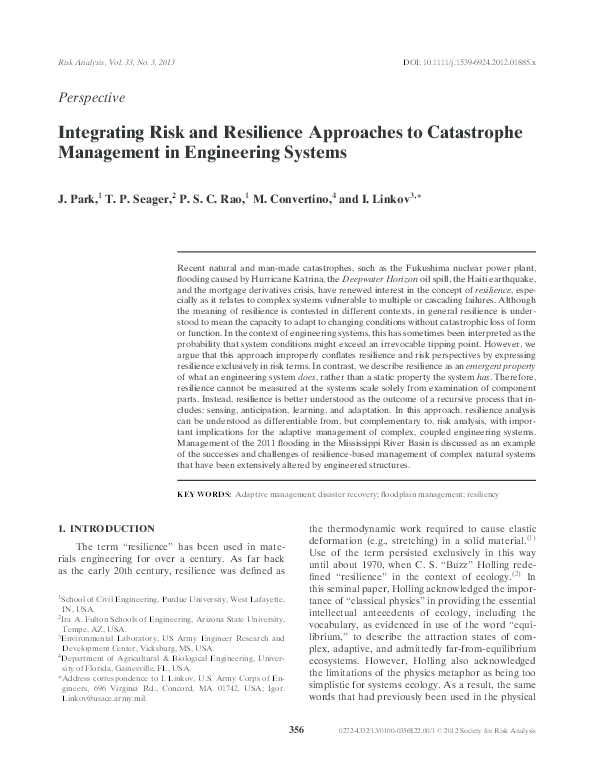 (PDF) Integrating risk and resilience approaches to catastrophe management in engineering systems