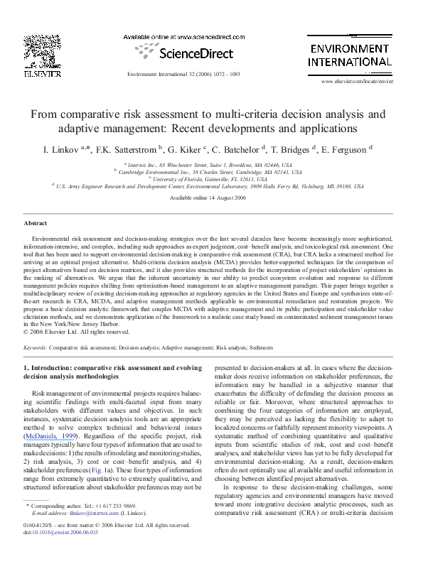 Pdf From Comparative Risk Assessment To Multi Criteria Decision