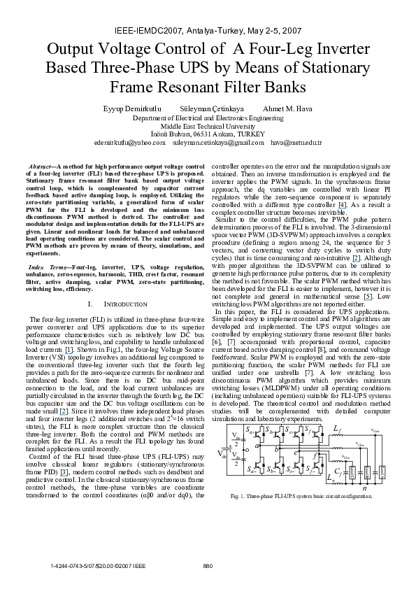 (PDF) Output voltage control of a four-leg inverter based three-phase UPS