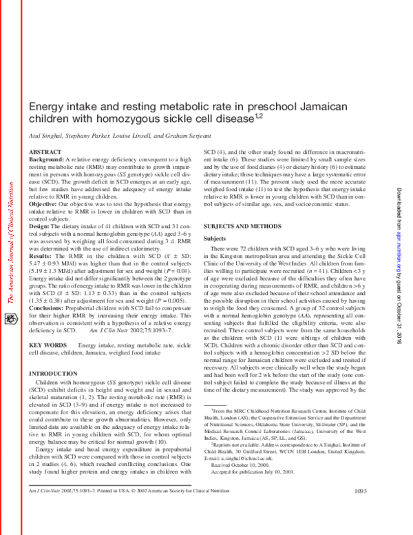 (PDF) Energy intake and resting metabolic rate in preschool Jamaican ...