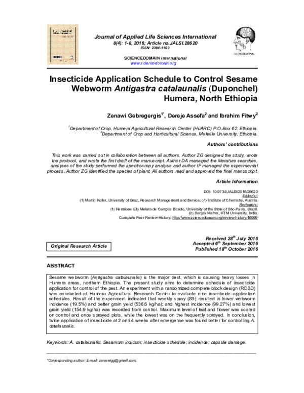 (PDF) Insecticide Application Schedule to Control Sesame Webworm ...