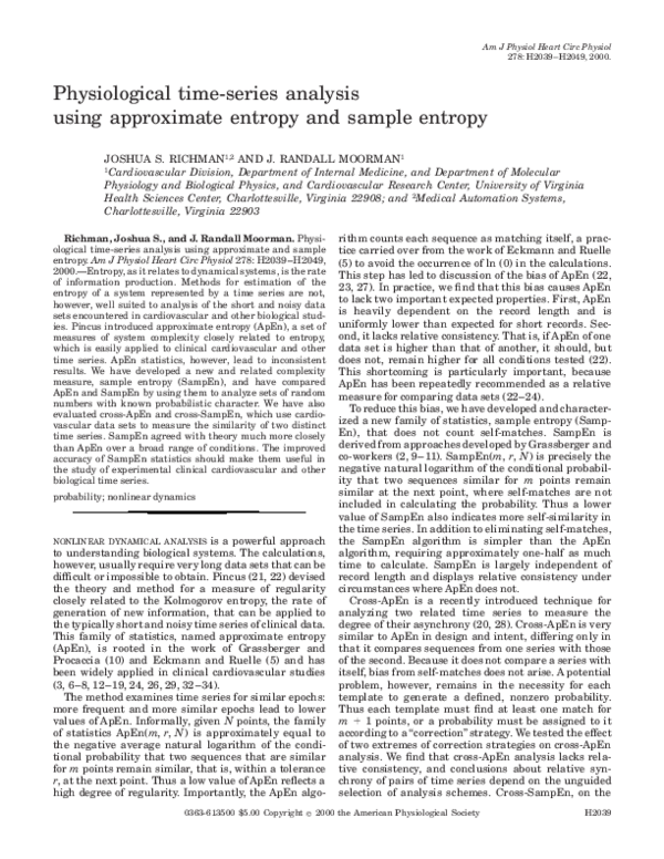 Pdf Physiological Time Series Analysis Using Approximate Entropy And Sample Entropy