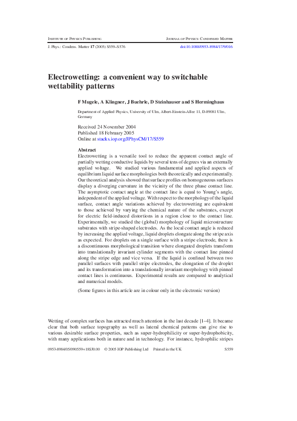 (PDF) Electrowetting: a convenient way to switchable wettability patterns