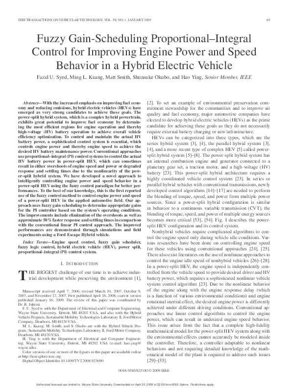 Pdf Fuzzy Gain Scheduling Proportional Integral Control For Improving Engine Power And Speed