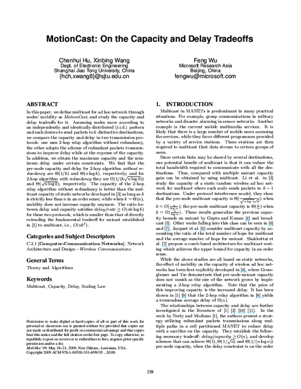 (PDF) MotionCast: on the capacity and delay tradeoffs