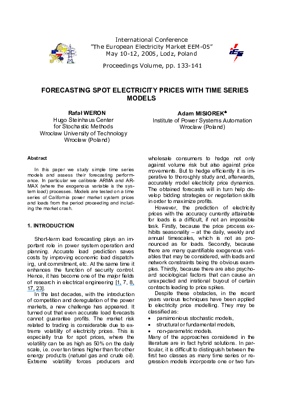 Pdf Forecasting Spot Electricity Prices With Time Series Models