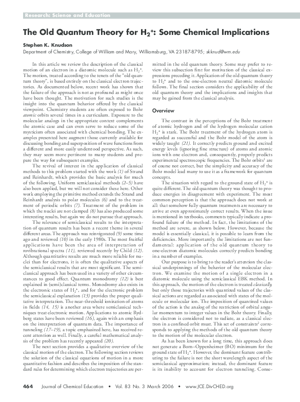 (PDF) The Old Quantum Theory for H2+: Some Chemical Implications