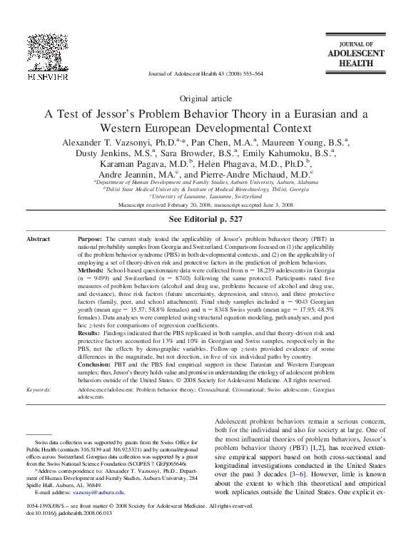 (PDF) A Test of Jessor's Problem Behavior Theory in a Eurasian and a ...