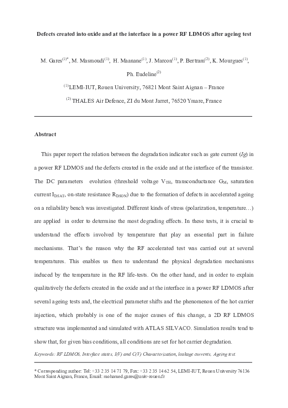 (PDF) Defects created at Si/SiO2 interface in a power RF LDMOS after ...