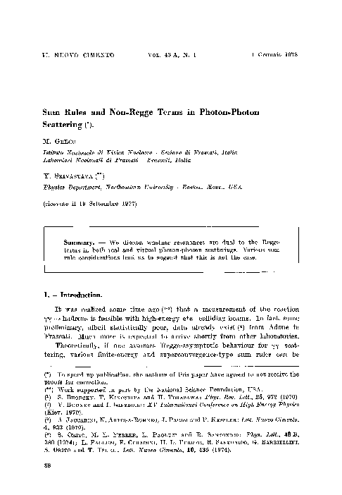 (PDF) Sum rules and non-regge terms in photon-photon scattering | Mario Greco - Academia.edu