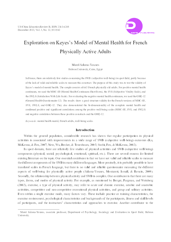 (PDF) Exploration on Keyes's Model of Mental Health for French ...